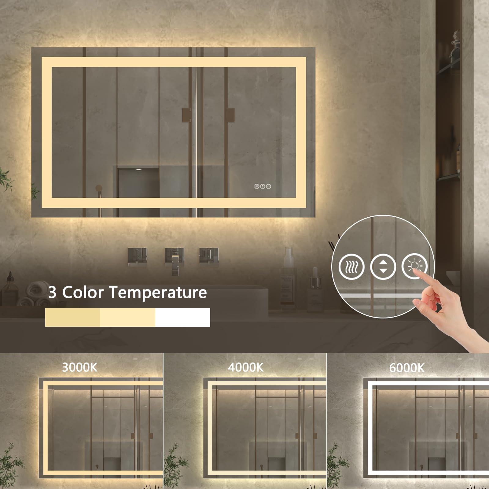 ExBrite 40x24 Inches LED Bathroom Lighted Mirror,Wall Mounted Mirror,Anti Fog,Dimmable,Dual Lighting Mode,Tempered Glass