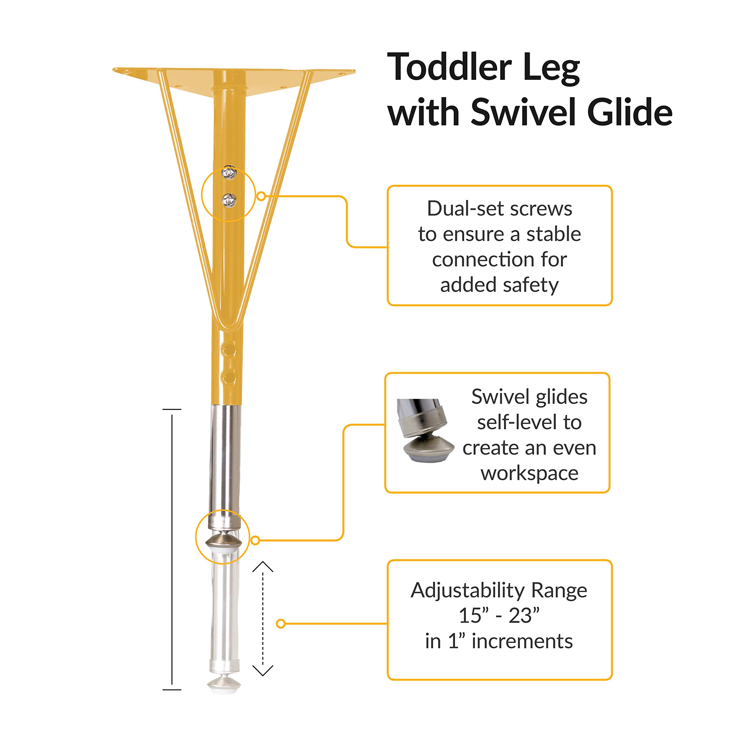 FDP Rectangle Activity School and Classroom Kids Table (24 x 48 inch), Toddler Legs with Swivel Glides, Adjustable Height 15-23 inches - Gray Top and Yellow Edge with Yellow Legs
