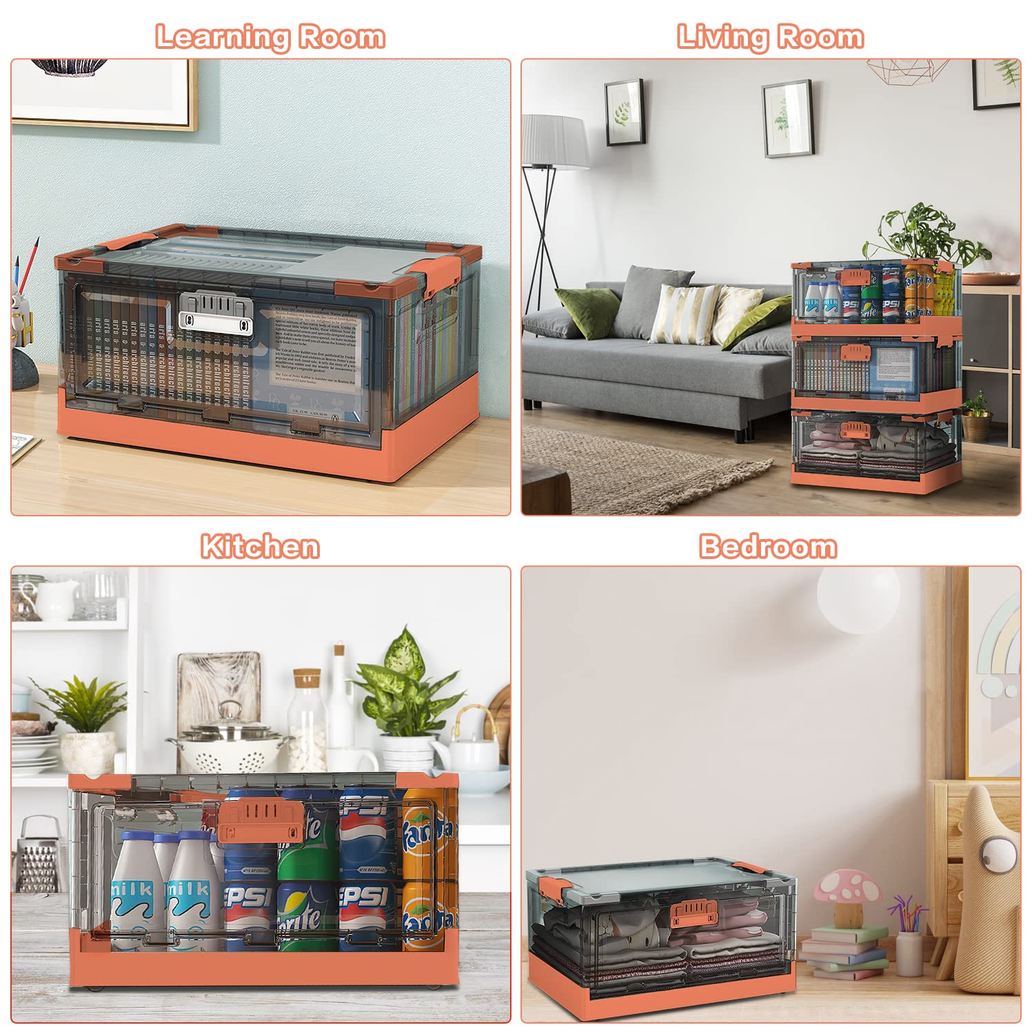 Dollox 2 Pack Plastic Storage Bins with Lids, Stackable Storage Bins, Clear Storage Bins Plastic Storage Cart Foldable Box with Wheels Storage Box Totes for Home Room Organizer(Orange)