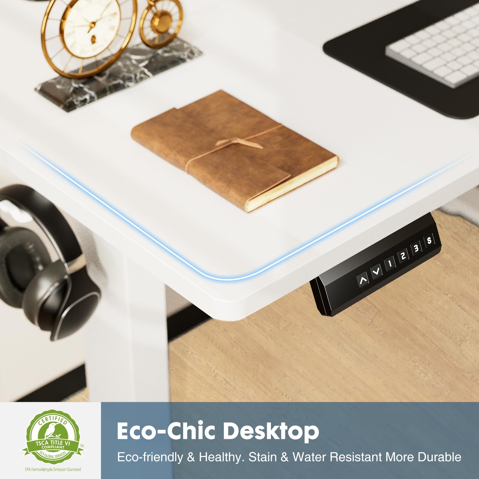 DUMOS Electric Height, 55 x 24 Inches Ergonomic Adjustable Memory Preset, Computer Stand Up Desk Suitable for Home Office, White, 55 x 24-Keyboard Tray