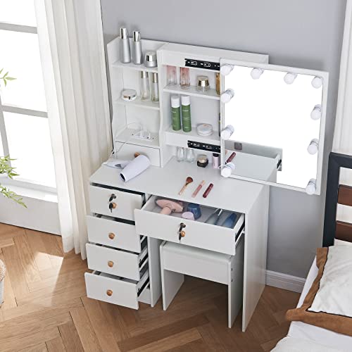 tojump Makeup Vanity Table with LED Lighted Mirror, White Vanity Desk with Drawers & Cabinet, Bedroom Makeup Dressing Table with Cushioned Stool (Modern Y)