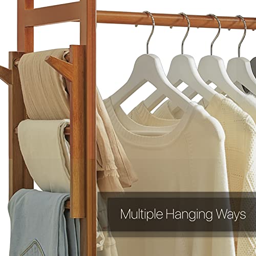 MoNiBloom Bamboo Garment Rack with Shelves 6 Tier Closet Coat Storage Organizer Clothes Hanging Rack with Pants Rack & Hooks for Bedroom, Living room, Office, Mudroom, Brown