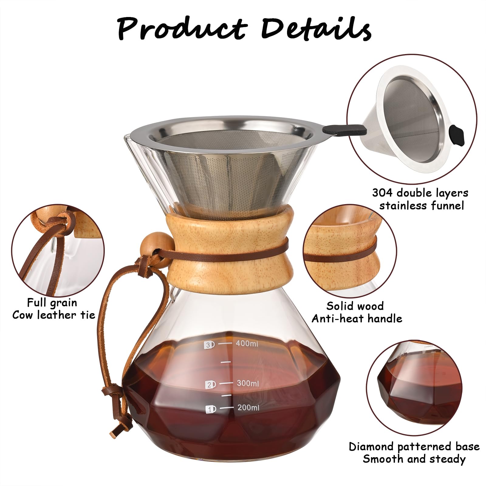 NEWOUGER Pour Over Coffee Maker with Double-layer Stainless Steel Filter,27 OZ Borosilicate Pour Over Coffee Dripper Glass Coffee Carafe For Home,Camping, Hiking