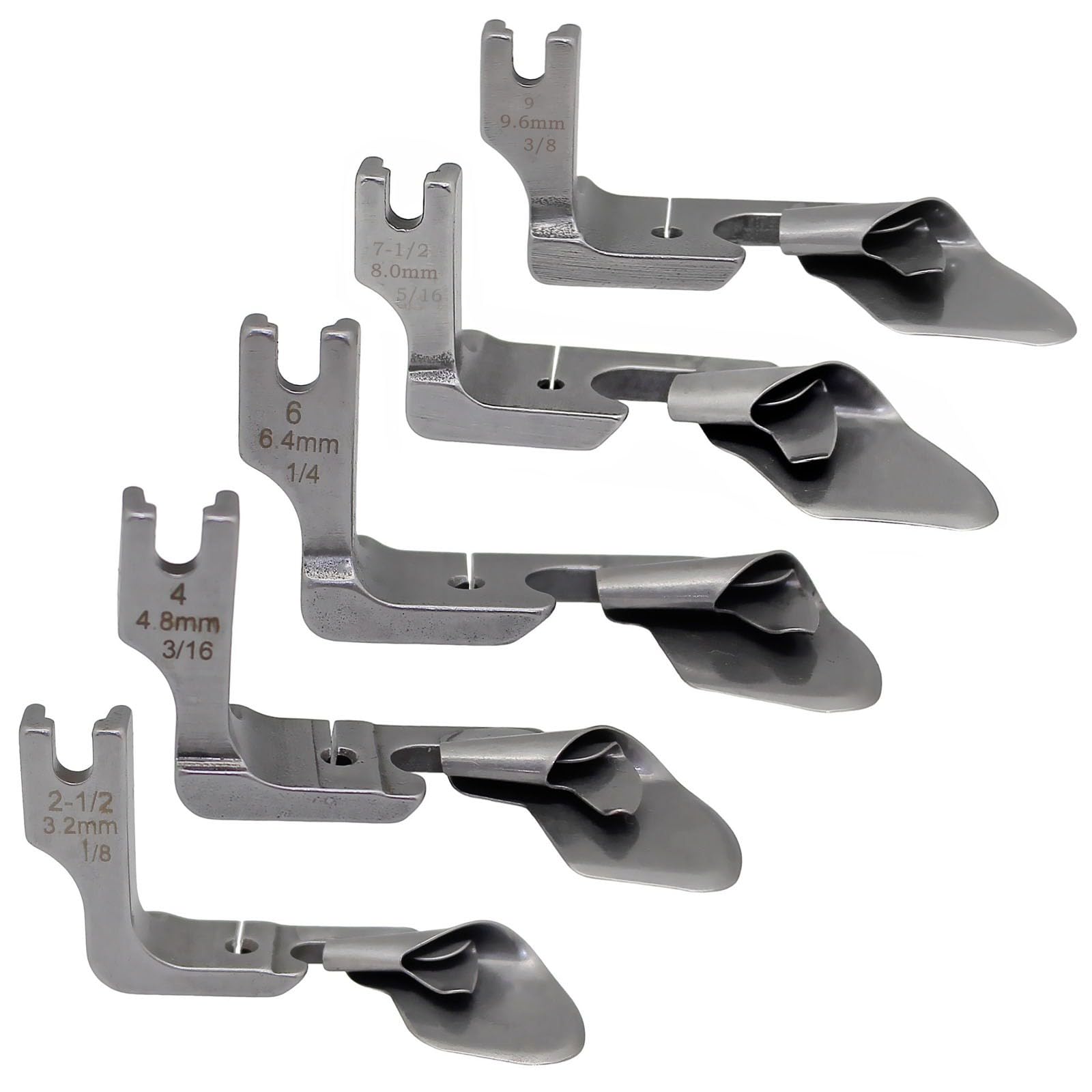 Fbshicung 5 Piece Industrial Curved Scroll Hemmer Foot (3.2mm/4.8mm/6.4mm/8mm/9.5mm) Hem Pull Tube Presser Foot Silk Chiffon Skirt Crimping Presser Foot