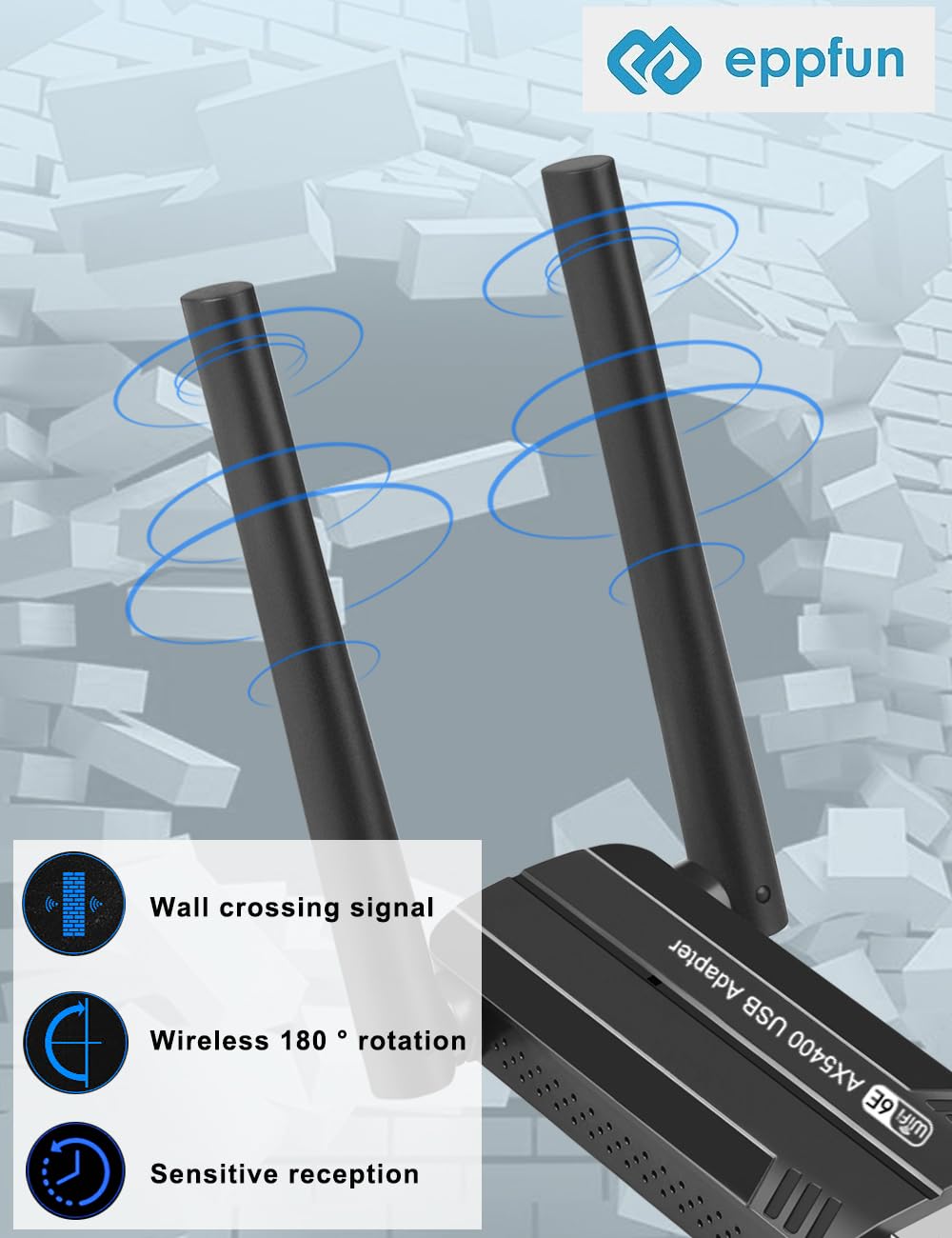 eppfun WF06E WiFi 6e 5400Mbps USB3.0 Adapter for PC/Desktop/Laptop, WiFi Stick Dongle with 2.4GHz/5GHz/6GHZ, Auto Driver, MU-MIMO, Low- Latency, Supports Win11/10