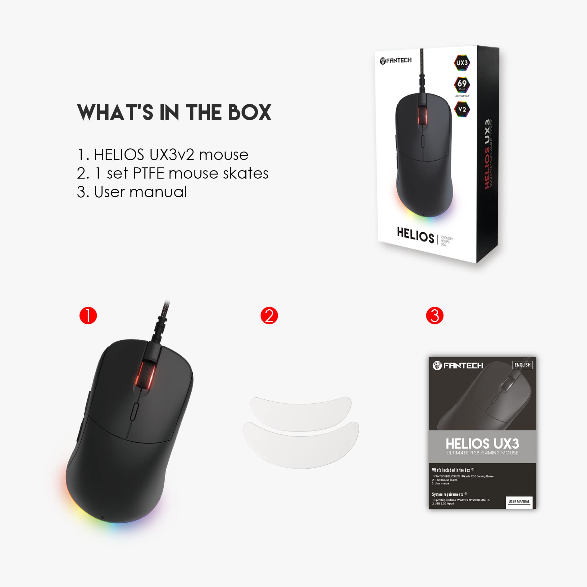 FANTECH Helios UX3V2 Symmetrical RGB Gaming Mouse, PixArt 3389 16,000 DPI Kailh Switches 6 Programmable Buttons Professional Grade Small Size Mouse, Light Weight Mouse, Matte Black