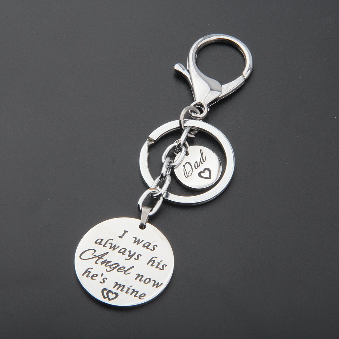 ENSIANTH I Was Always His Angel Now He's Mine Dad Hand Stamped Keychain with Dad Charm (Angel keychain)