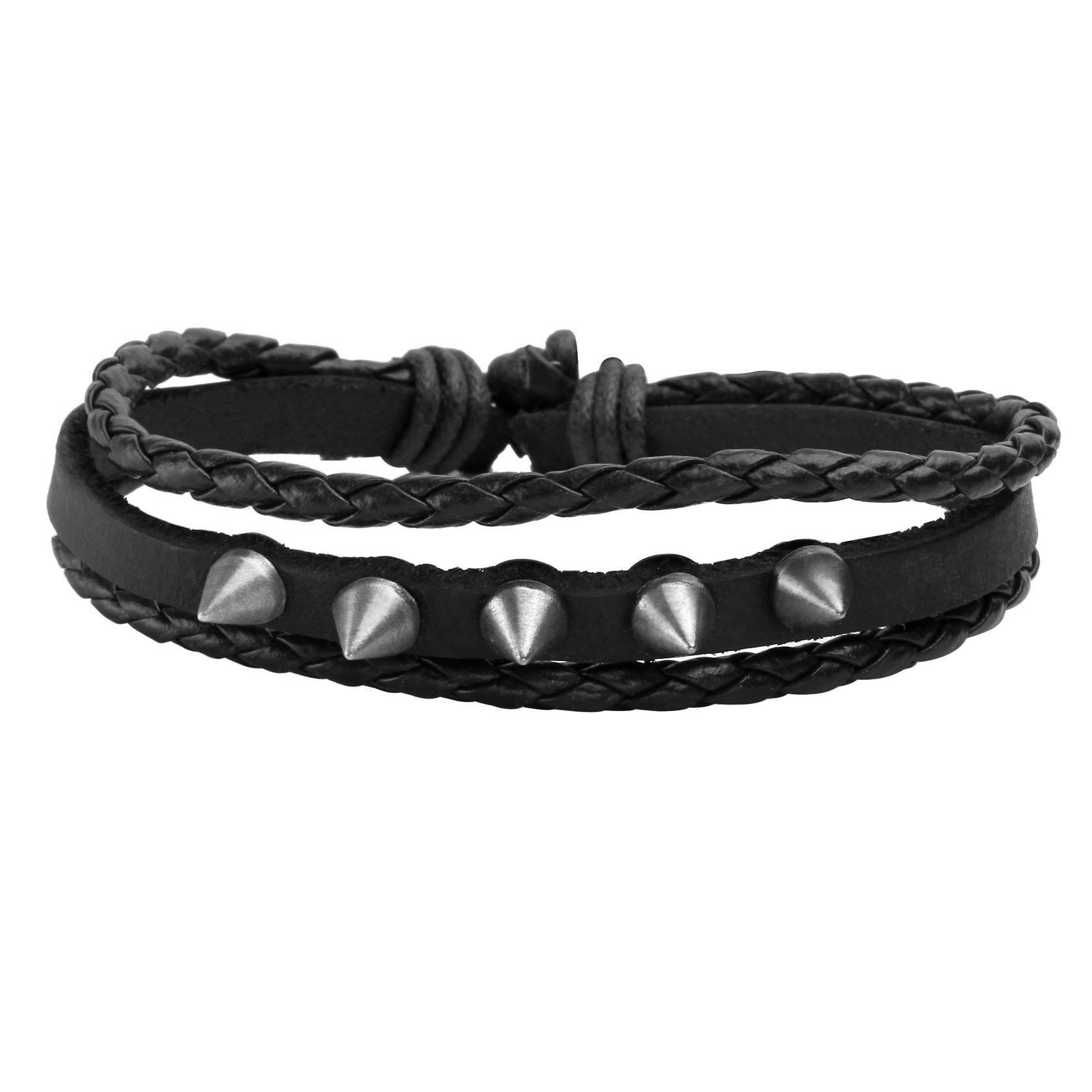 Eigso 4 Pcs Punk Leather Bracelet Hematite Black for Men Women Adjustable Spike Metal Cuff Bangle
