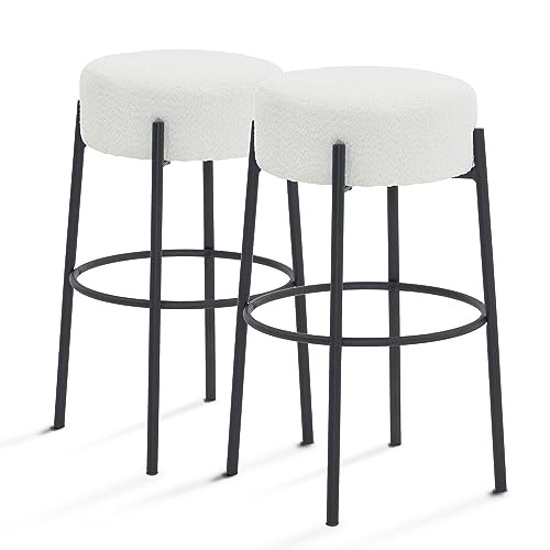 Dolonm 30 Inch Round Bar Stools Set of 2, Teddy Fabric Upholstered, Bouclé and Sherpa Chairs, Backless Kitchen Island Stools, Metal Frame Bar Chairs, Beige with Black Legs (Set of 2)