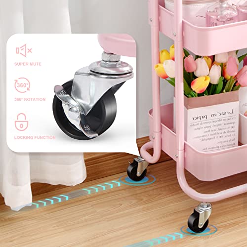 TOOLF 3 Tier Metal Rolling Cart, Utility Cart with Handle, Multifunction Storage Cart with Lockable Wheels, Serving Organizer Trolley with Mesh Basket for Kitchen, Bathroom, Office