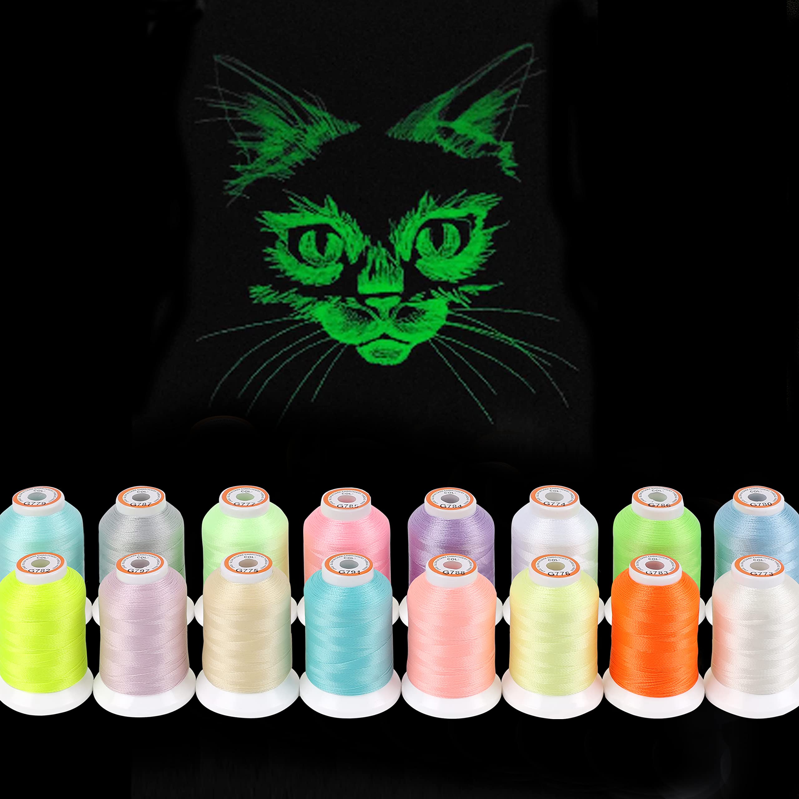 New brothread 16 Colors Luminary Glow in The Dark Embroidery Machine Thread Kit 30WT 500M(550Y) Each Spool for Embroidery, Quilting, Sewing