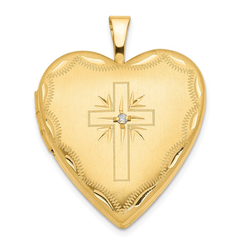 FB Jewels Solid 14K Yellow Gold 20mm Diamond Set Cross Heart Locket