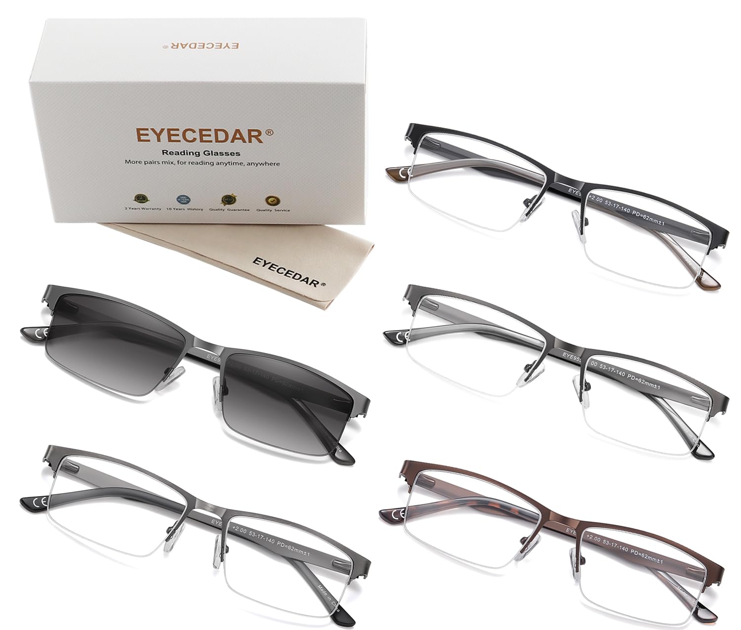 EYECEDAR 5-Pack Reading Glasses for Men Rectangular Metal Half-Frame Spring Hinges with Sun Readers Glasses Mens Readers 2.0