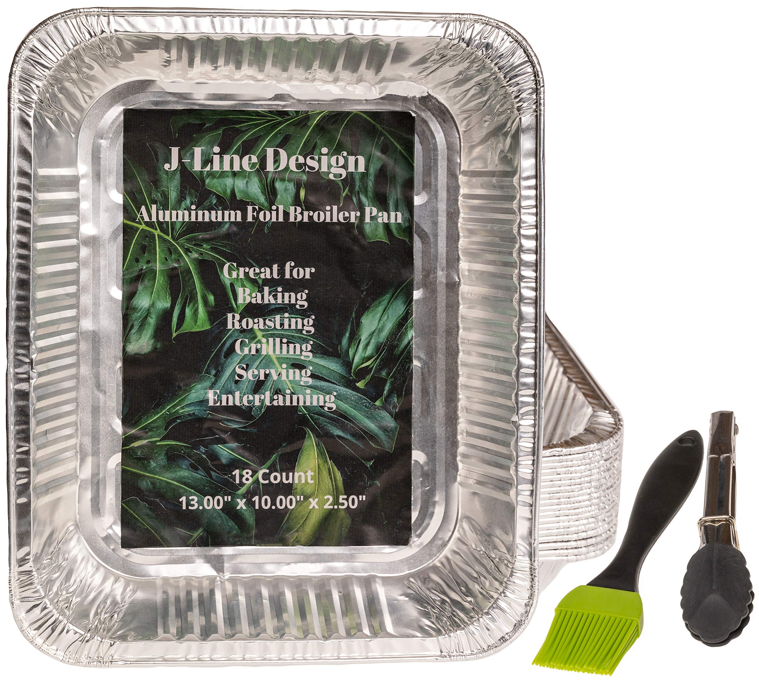 J-Line Design Aluminum Foil Disposable Roasting Broiler Pan - Half Size Steam Table Pan - 13 x 10 x 2.5 Inch - 18 Pack - Complete with Silicone Basting Brush and Stainless Steel Mini Tongs