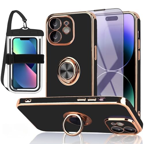 For iPhone 12 Case 3 in 1 With Screen Protector Anti Blue Light And Waterproof Phone Pouch W/ Strap & Lanyard Car Magnetic Kickstand Ring Stand Shockproof Luxury Cute Trendy For Women Men (Black)
