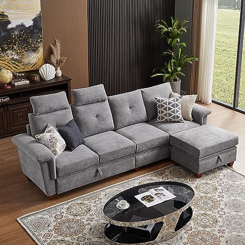 Pingliang Home Convertible Sectional Sofa with Storage, 4 Seat L Shaped Couch with Chaise and Cup Holder, Modern Microfiber Fabric Sofas Couches for Living Room, Apartment, Office (Light Grey)