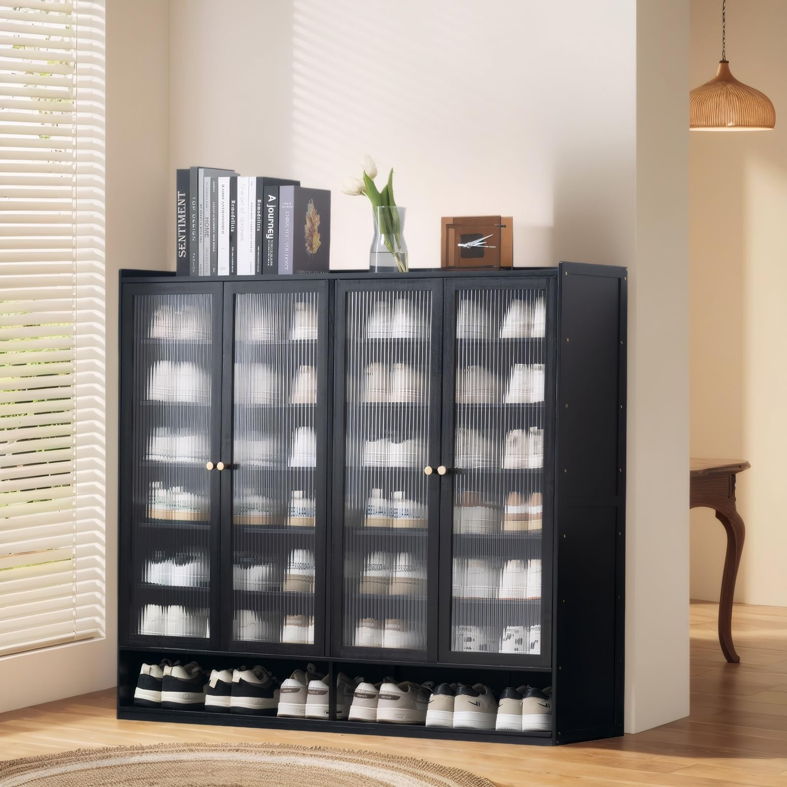OMKUOSYA Bamboo Shoe Cabinet,8 Tier Bamboo Shoe Storage Cabinet,Bamboo Shoe Cabinet with Doors, for Entryway Hallway(Brown - A)