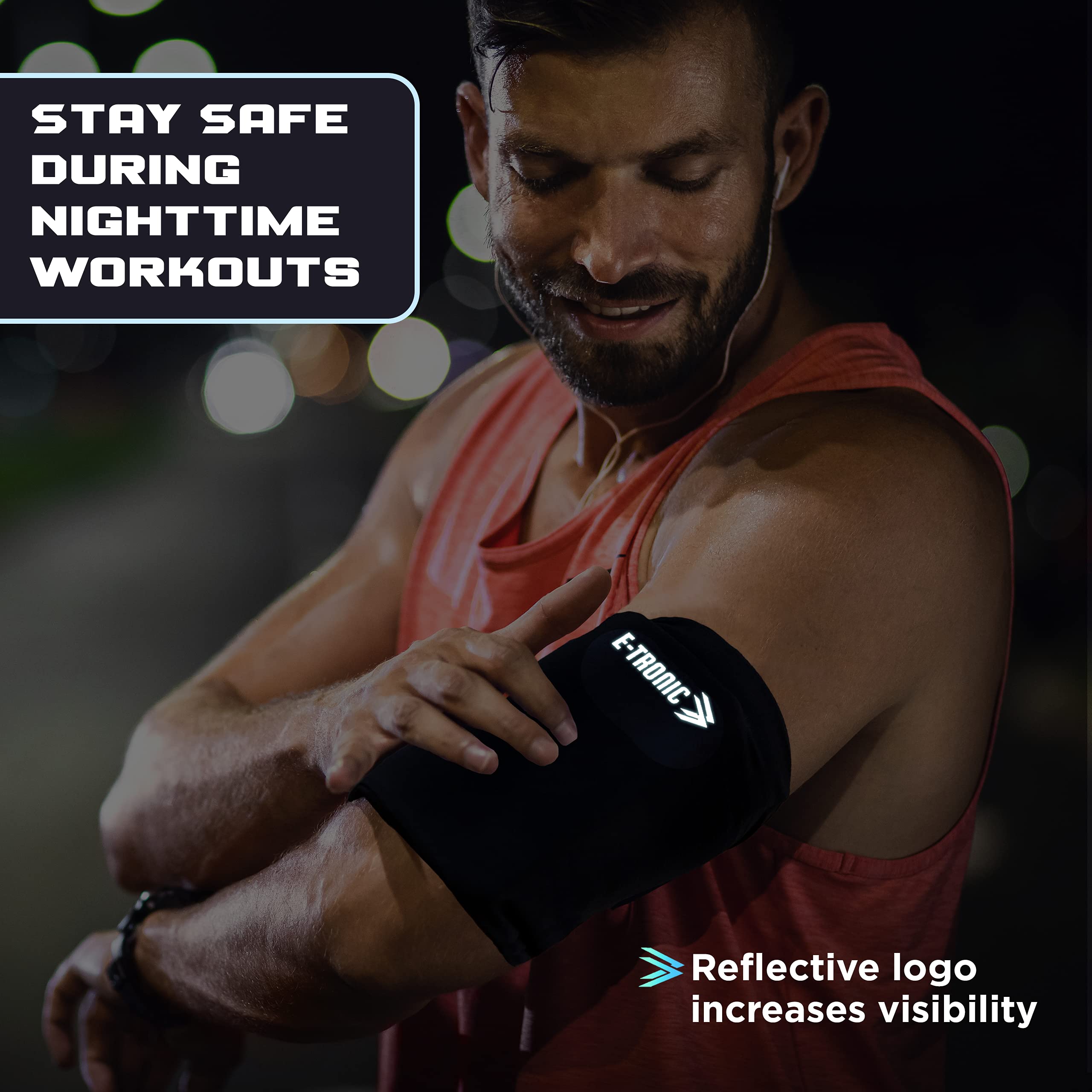 E Tronic Edge Phone Holder for Running, Cell Phone Arm Bands with Reflective Logo, Phone Strap Armband Fits iPhone and Android, Use for Running, Walking, Hiking and Biking, Black, XL