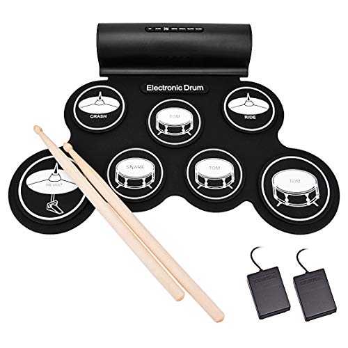 Electronic Drum Set, Roll Up Drum Practice Pad with Headphone Jack Built-In Speaker Digital Touch 7 Labeled Drum Pads 2 Foot Pedals Up to 10H Playing Time, Holiday Gift for Kids