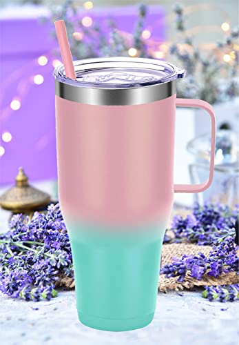 Merfefe 40oz Insulated Coffee Tumbler with Handle.40 oz Tumbler with Handle and Lid and Straw.Keep Drinks Cold Hot.Easy to Hold,Sweat Proof,Leak Proof,Dishwasher Safe.