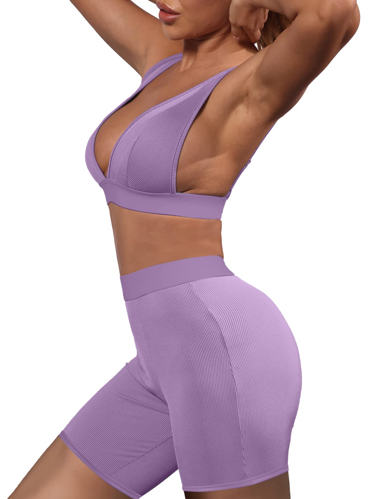 Ekaliy Women's Workout Outfit 2 Pieces Workout Shorts Set Ribbed Crop Tank High Waist Yoga Sets Short Pink Small