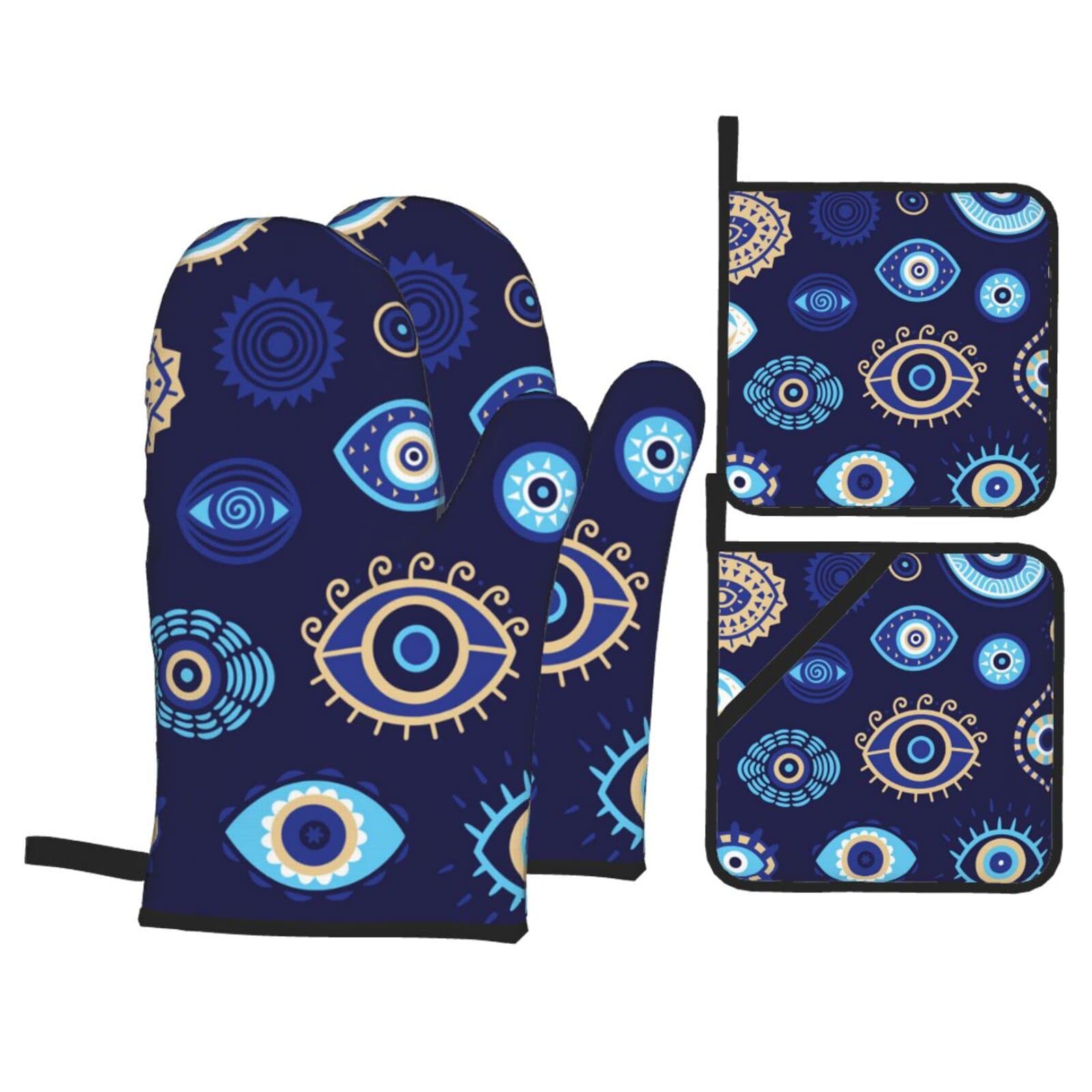 EZDNAGP 4pcs Oven Mitts and Pot Holders Sets Oven Kitchen Gloves Hot Pads for Cooking BBQ Baking Grilling - Magic Evil Eyes