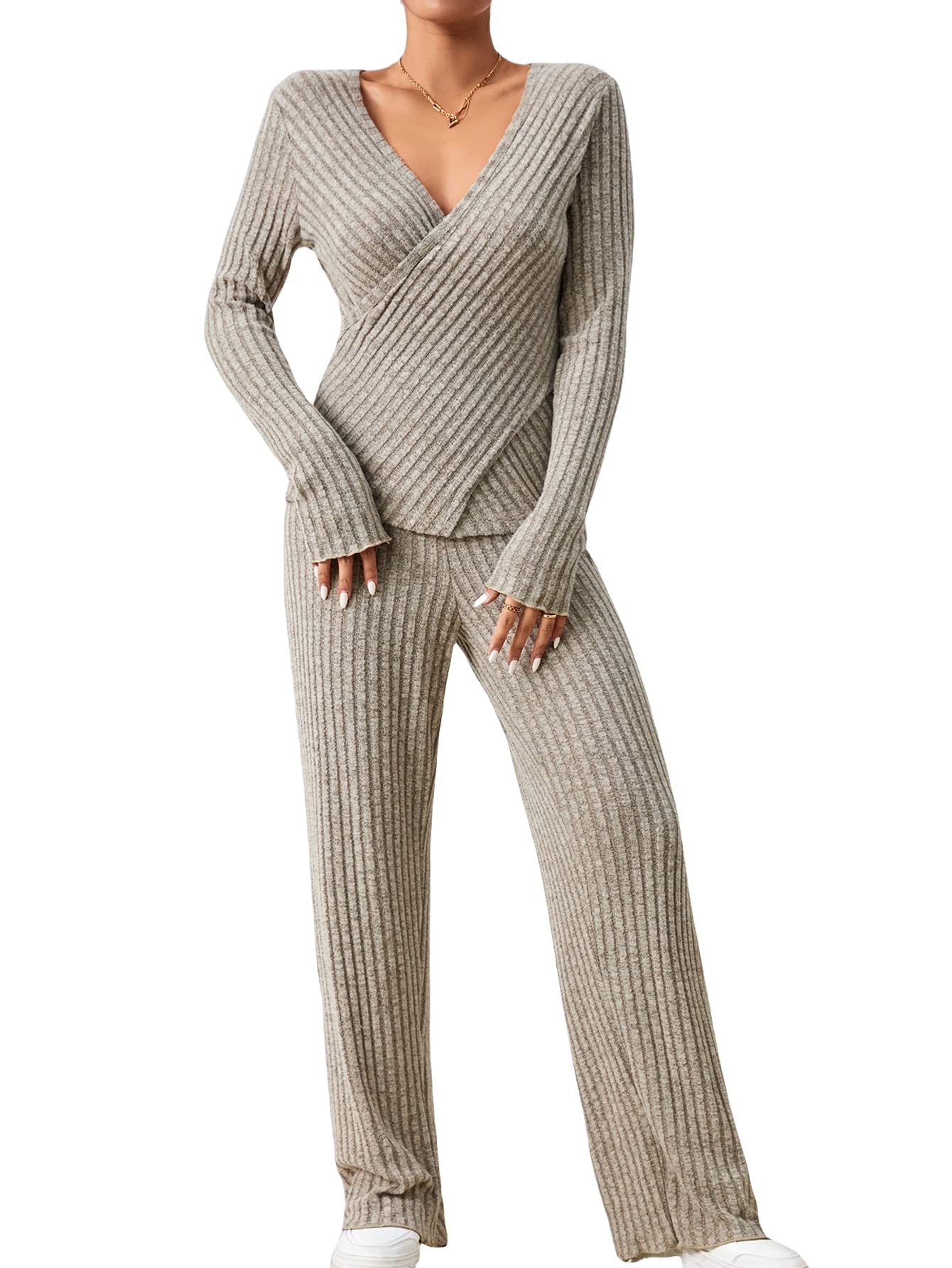 GORGLITTER Women's 2 Piece Outfits Wrap V Neck Long Sleeve Top & Pants Tracksuits Apricot X-Small