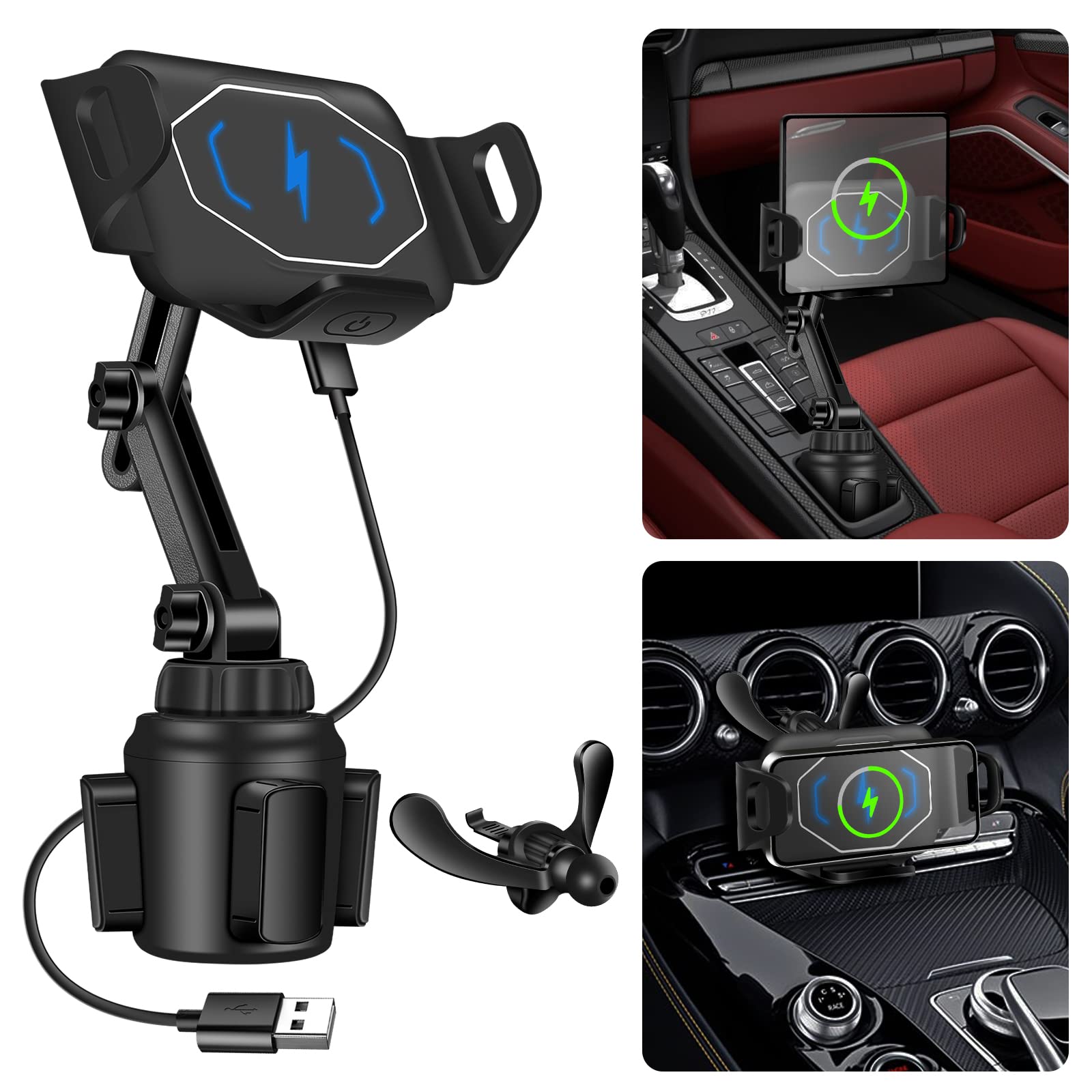 FULNEY Wireless Car Charger Mount, Cup Holder Phone Mount, Air Vent Mount, 15W Qi Charging, Compatible for Galaxy Z Fold 4/3/2/S23 Ultra, iPhone 14 Pro Max, Auto Clamping 5.6in-7.4in