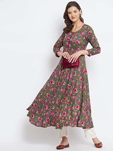 Tissu Women's Rayon Green & Rani Floral Pritned A-Line Kurta 2153_Green_3XL