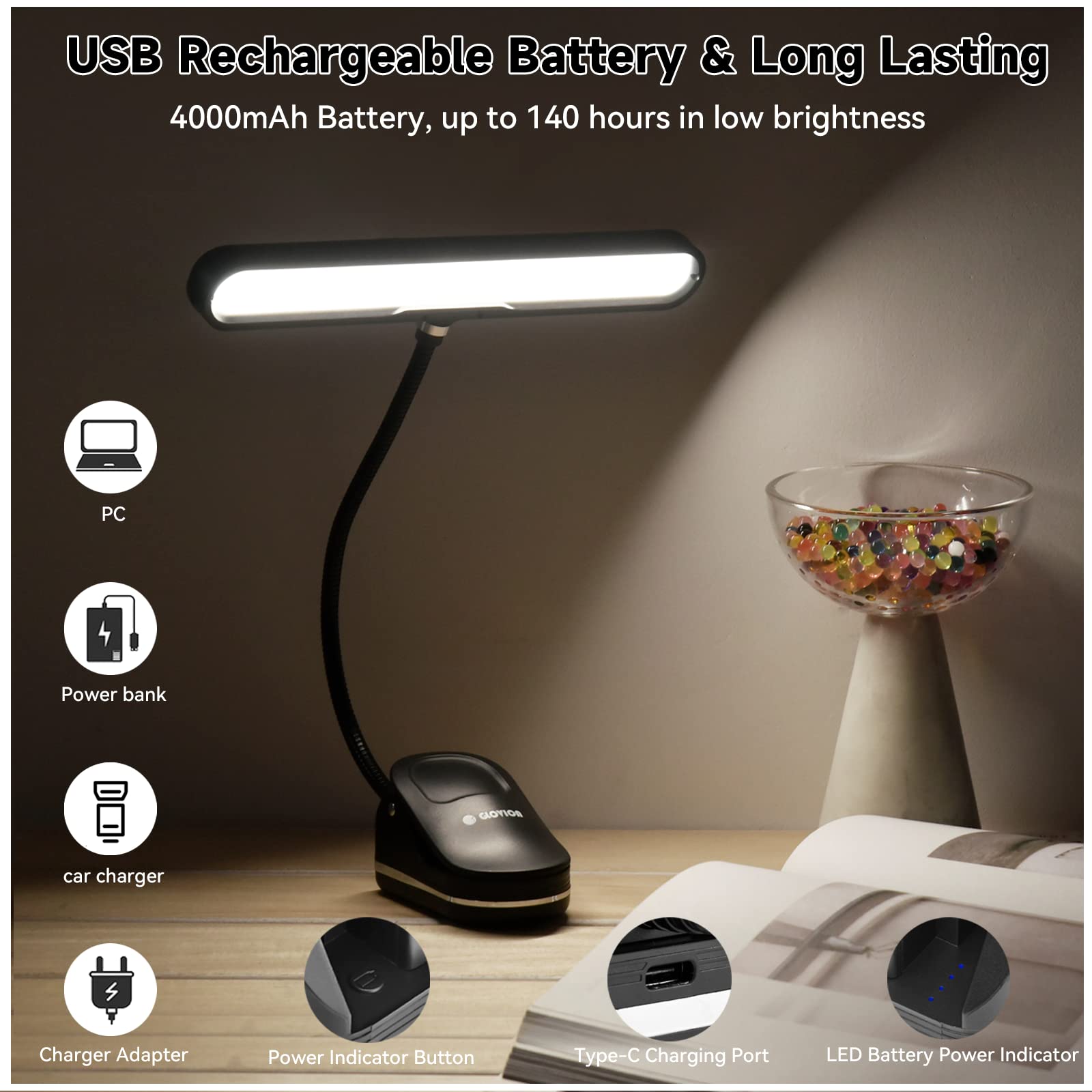 Glovion Music Stand Light, Clip On Piano Lights 37 LED Book Light, 3 Brightness X Stepless Dimmable Color Orchestra Light, USB Rechargeable Perfect for Piano, Guitar, Orchestra, Reading Sewing