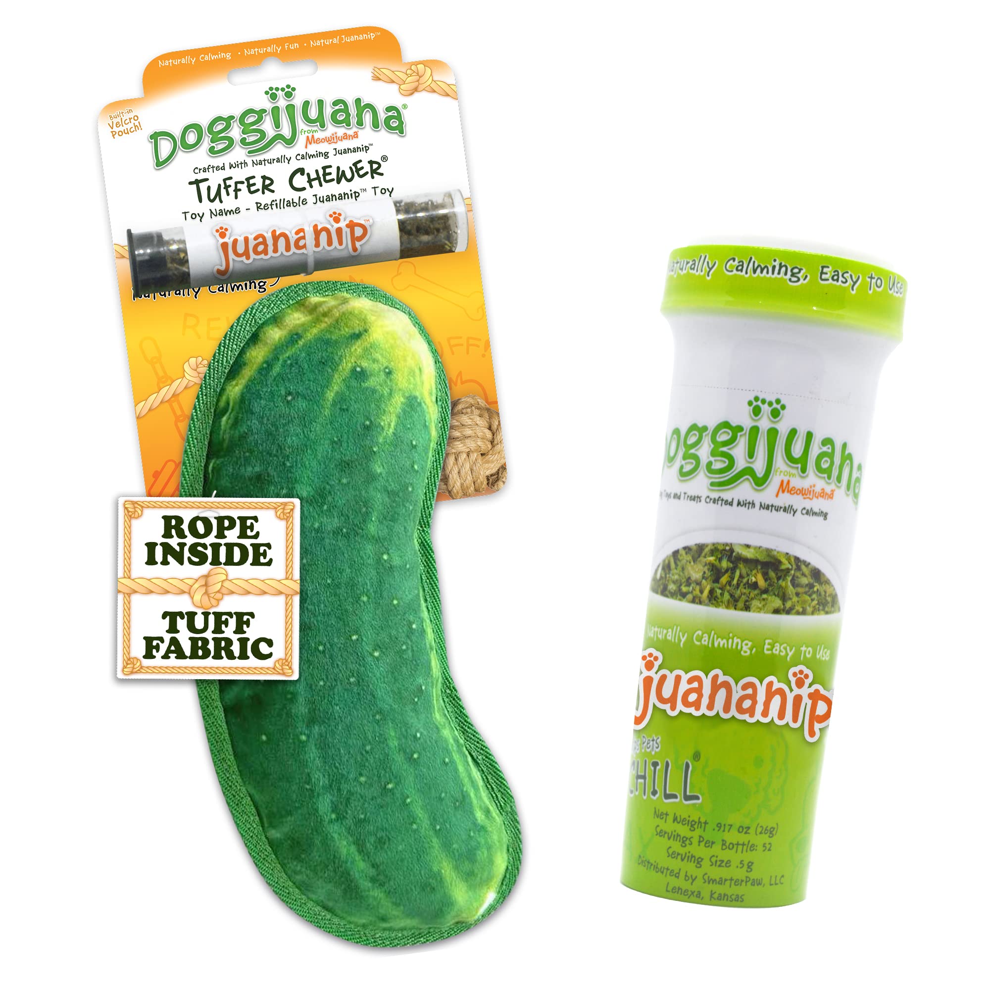 Doggijuana Bundle - Interactive Dog Toy with Juananip Refill - Includes Refillable Durable Catnip Dog Toy & Organic Catnip Refill for Natural Calming - Engaging and Relaxing Pet Play (Pickle)
