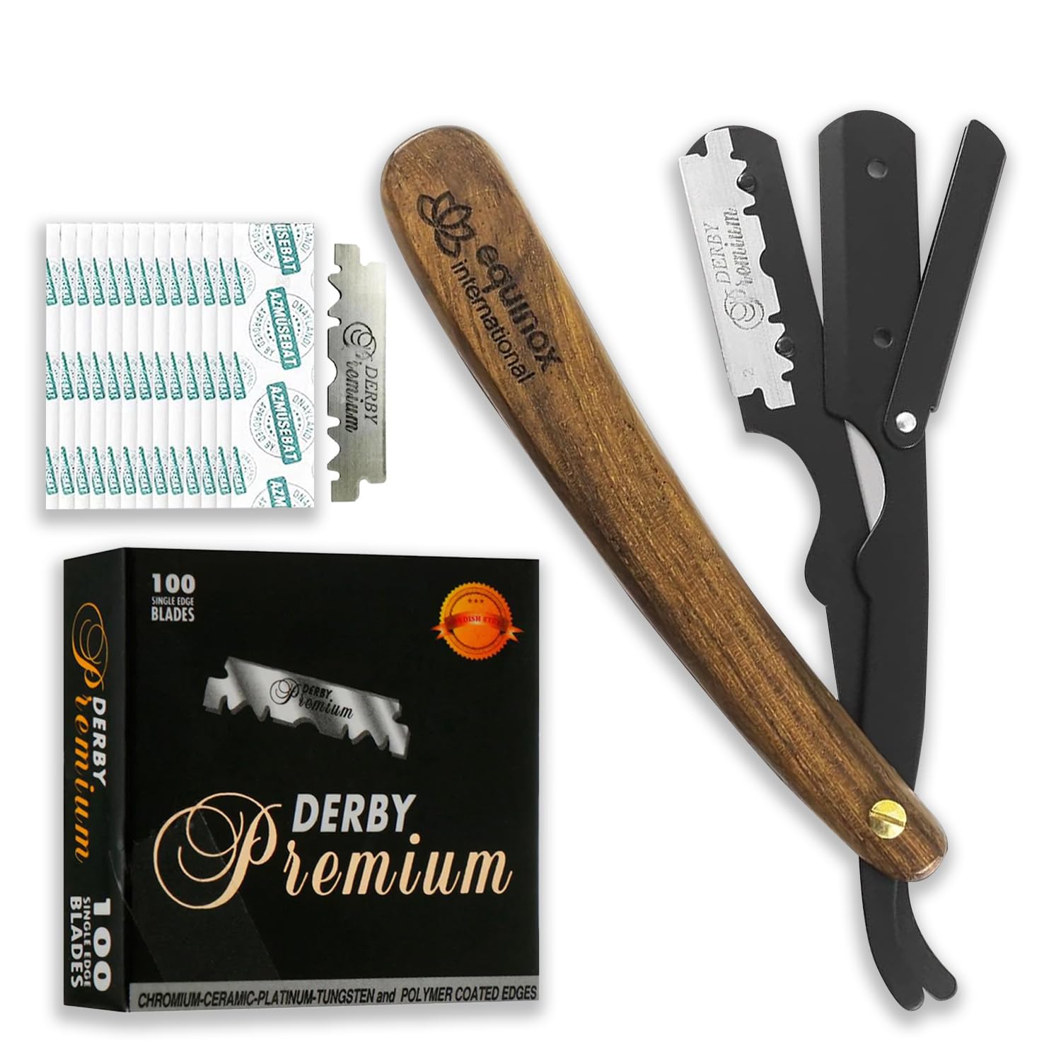 Equinox Straight Edge Razor - Includes 100 Single Derby Blades -Manual Shaver for Men - Stainless Steel with Wooden Handle - Barber Kit - Hair Blade Razor - Perfect for Hairline