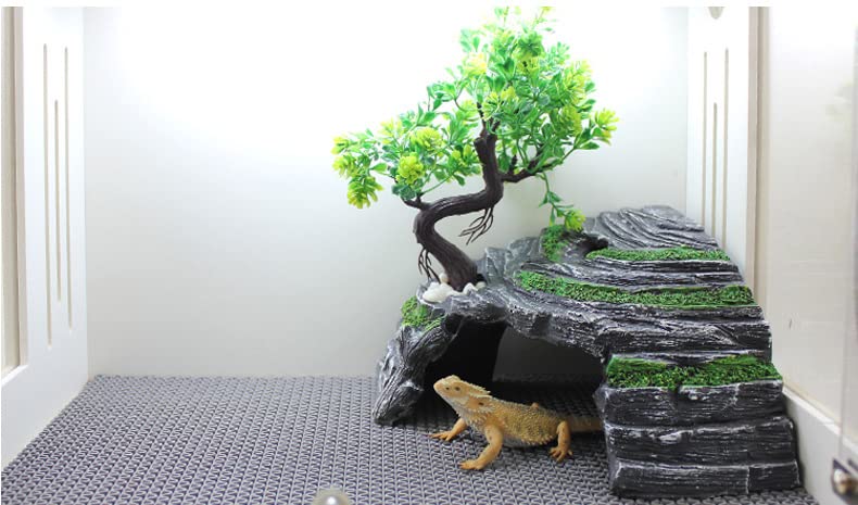 Reptile Simulation Rock Hide-Resin Amphibian Hideouts Cave Size 3.94'' x 1.77'' with Plastic Tree 7.87'',Habitat for Bearded Dragon Turtles Lizards Snakes Crab Gecko Leopard Spider Fish