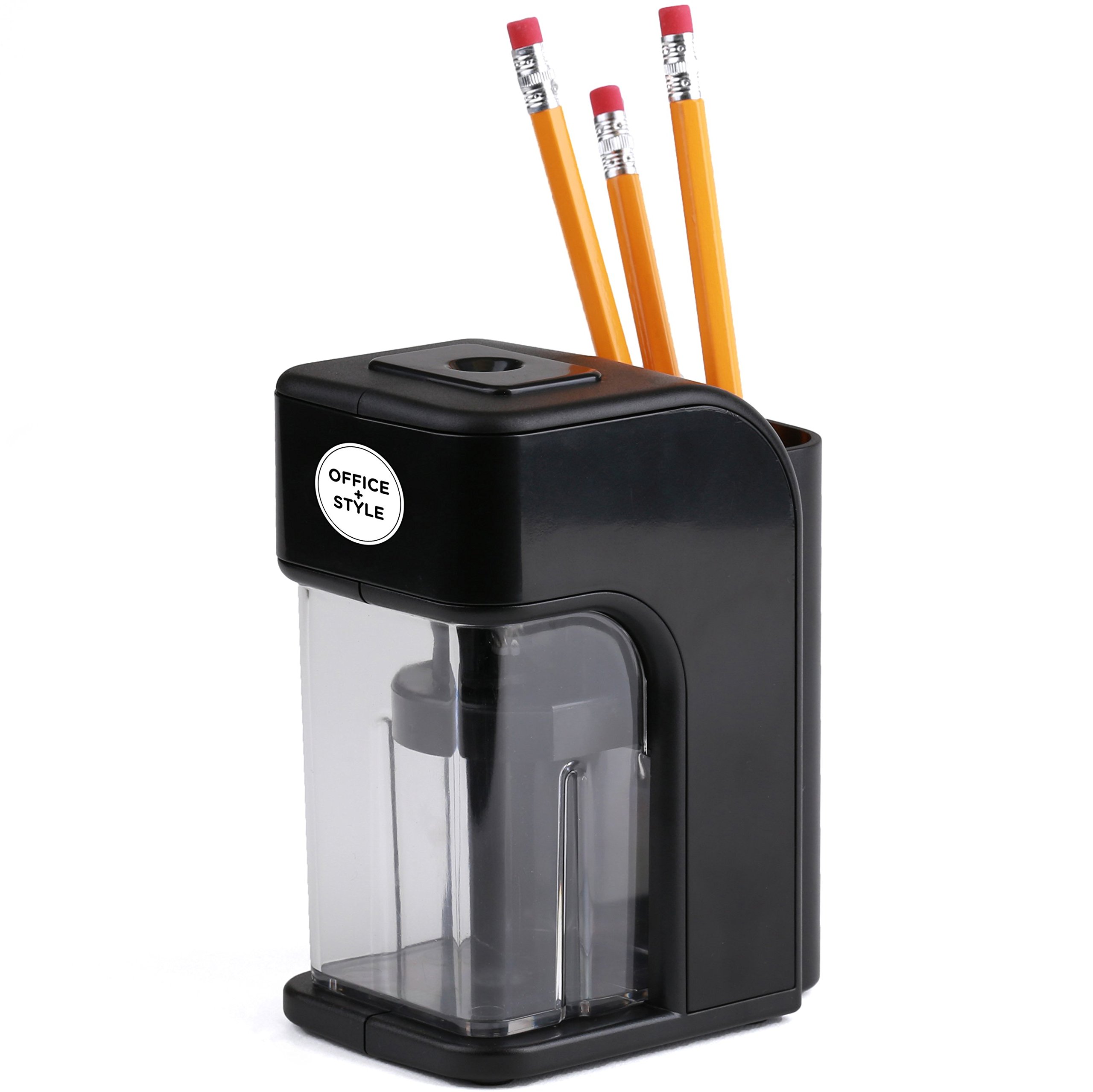 Electronic Pencil Sharpener With Auto Stop Safety Feature & Large Pencil Holder For Home, Office or Classroom, UL Approved - Black - By Office Style (A-PS200B)