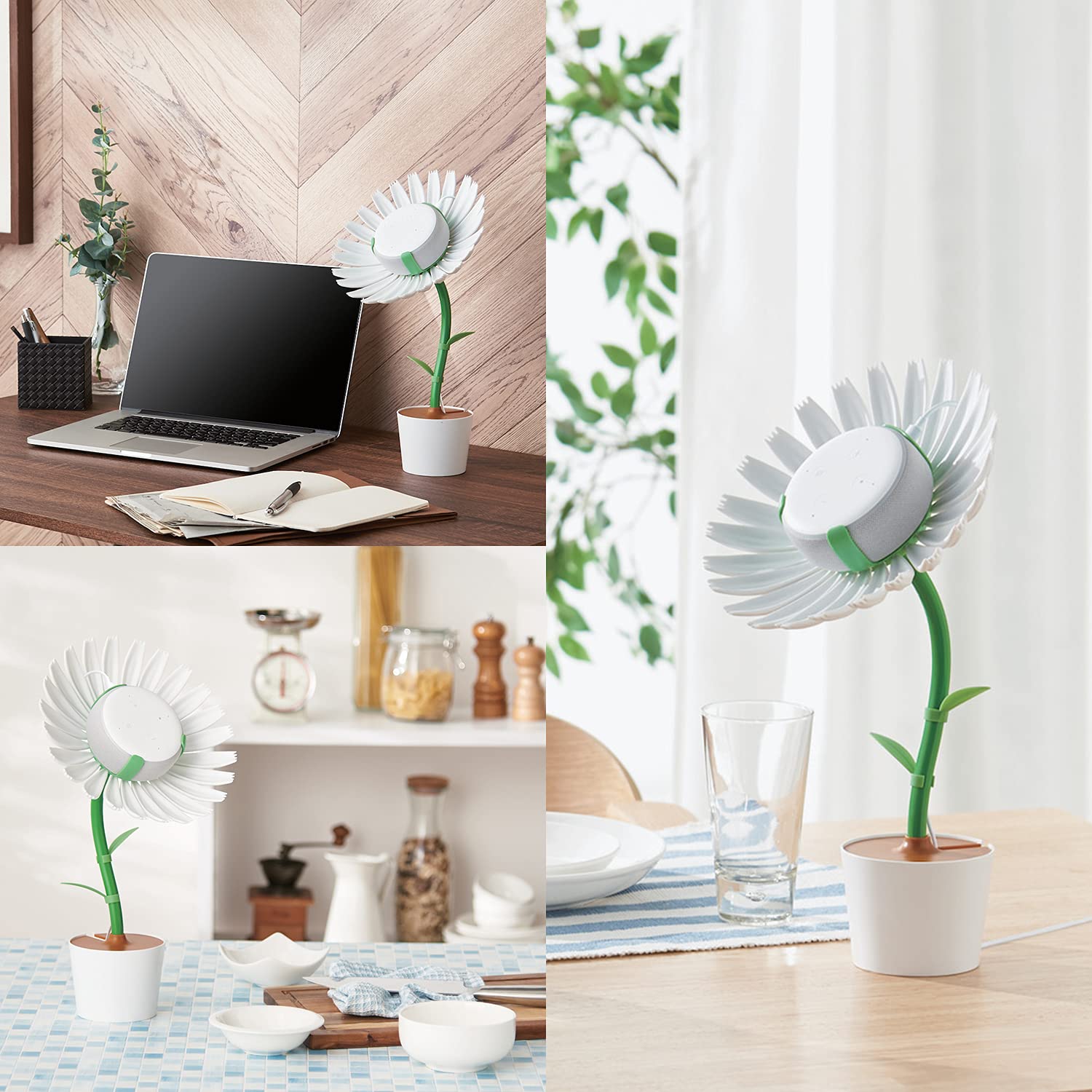 ELECOM Potted Flower Speaker Mount Holder Stand for Amazon Echo Dot, Flexible Stem / Angle Adjustable / Removable Petals/ Cable Organizer (AIS-AED3FLWRWH)