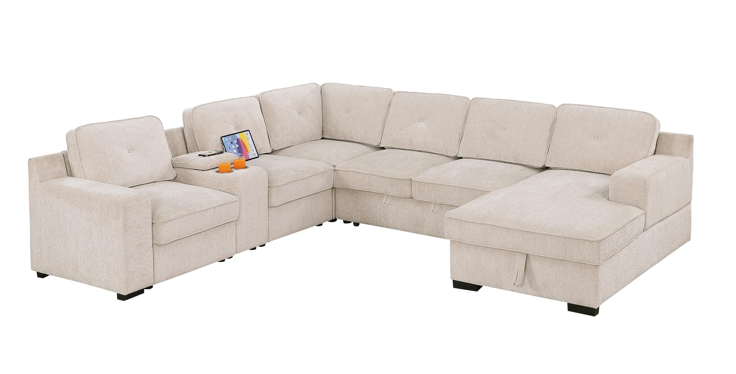 MODCART 102Inch Modern Velvet Sofa with 4 Throw Pillows & Ottoman, L-Shaped Upholstered Couches w/Buttoned Design and Silver Legs, for Living Room, Bedroom, Office