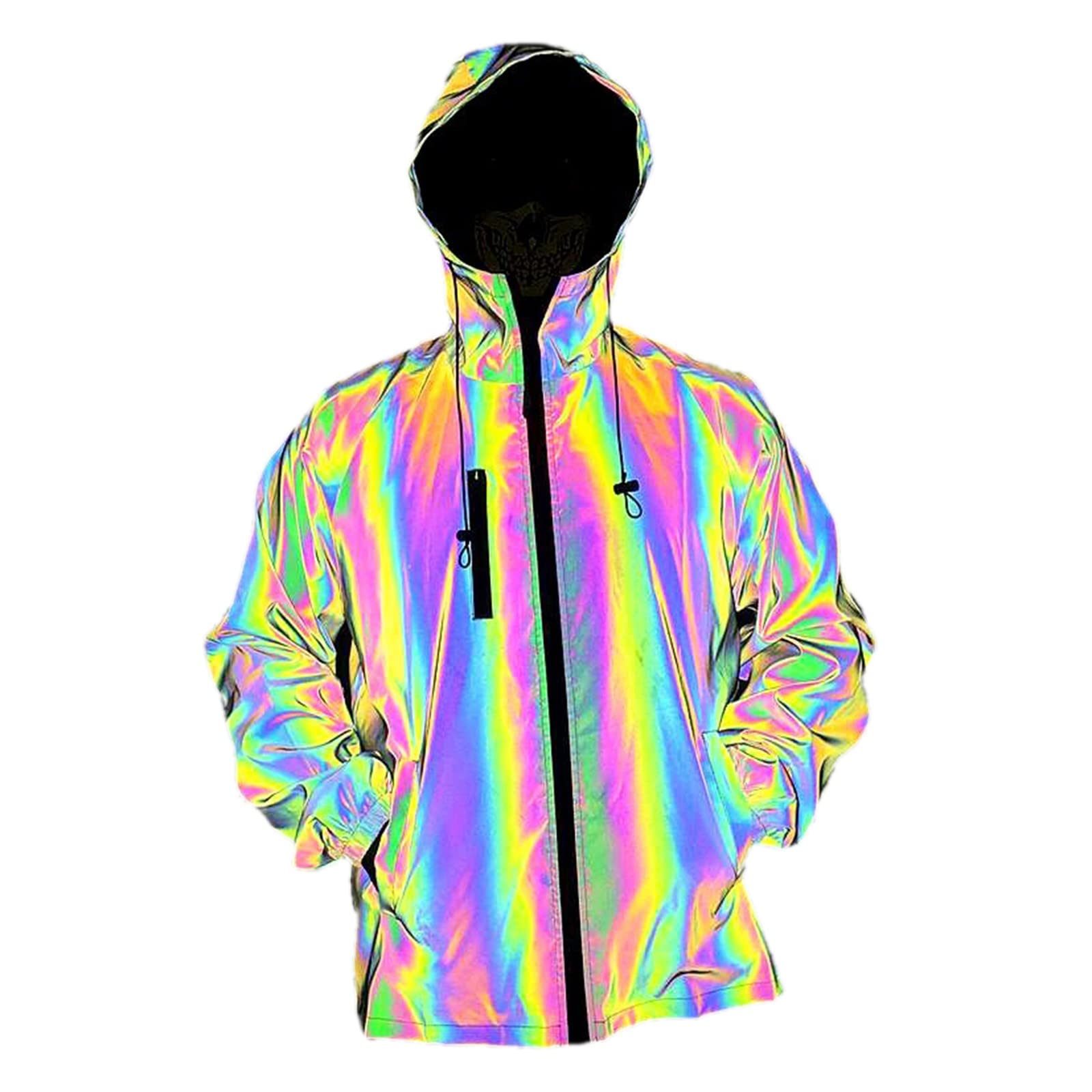 Glow Rainbow Hip Hop Jackets Black Reflective Jacket for Men and Women Hooded Zipper Waterproof Coat Windbreakers Zipper