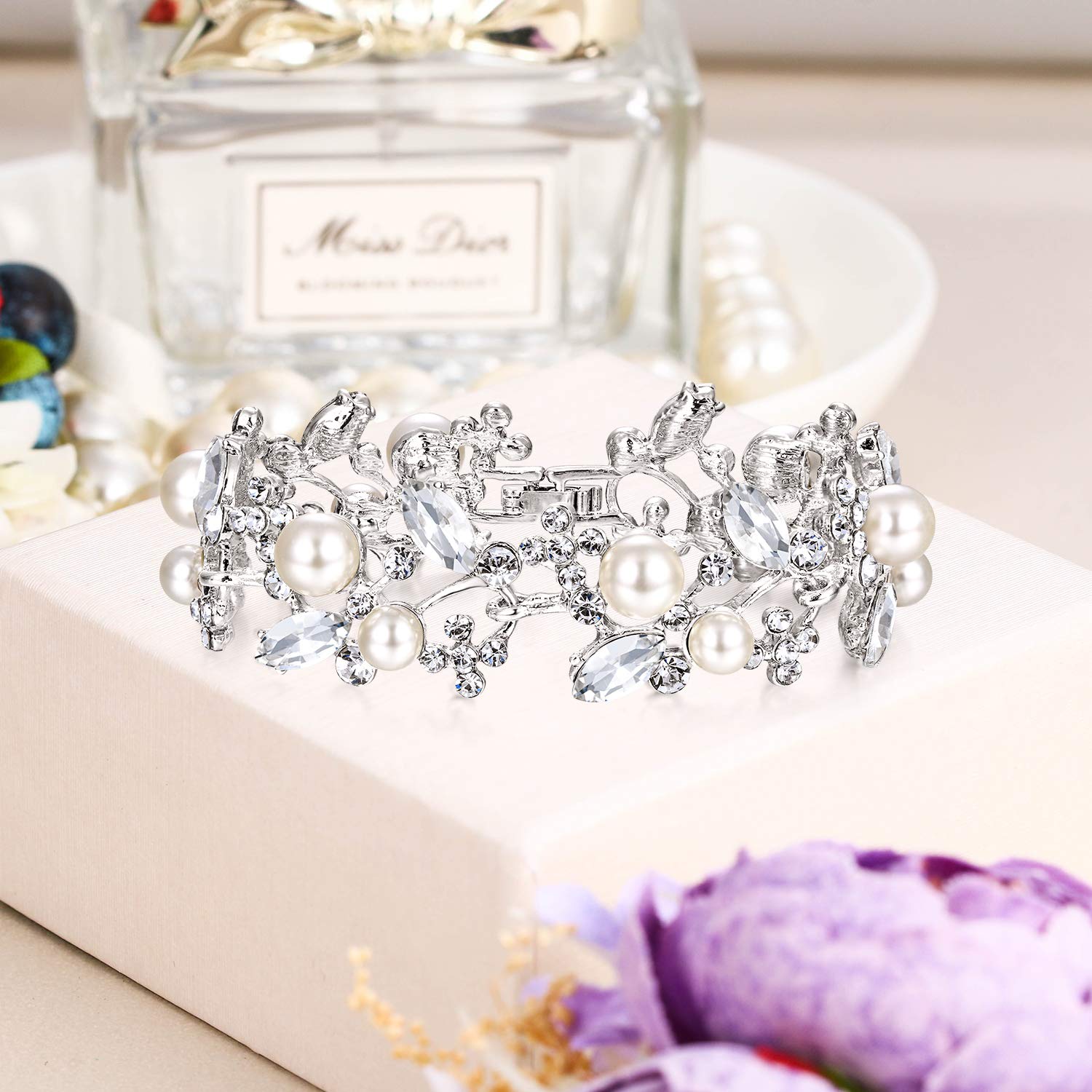 EVER FAITH Austrian Crystal White Simulated Pearl Bridal Prom Floral Leaf Tennis Bracelet