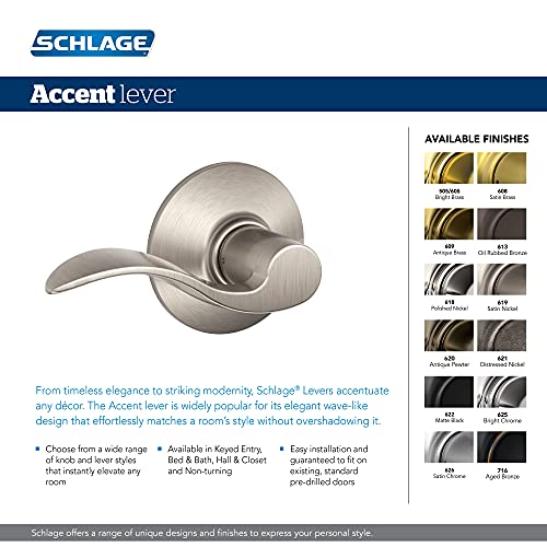 Schlage F40 V ACC 619 Accent Door Lever, Bed & Bath Privacy Lock, Satin Nickel, 5.5"L x 2.25"W