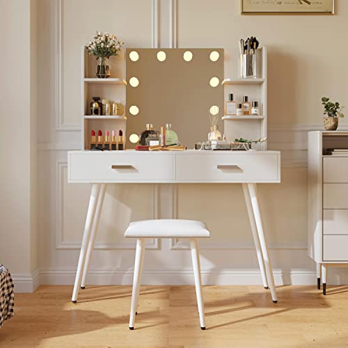 Furnideco Vanity Set with 10 Light Bulbs, Makeup Table with Cushioned Stool, 6 Storage Shelves 2 Drawers, Vanity Set 3 Lighting Modes Brightness Adjustable for Bedroom Studio