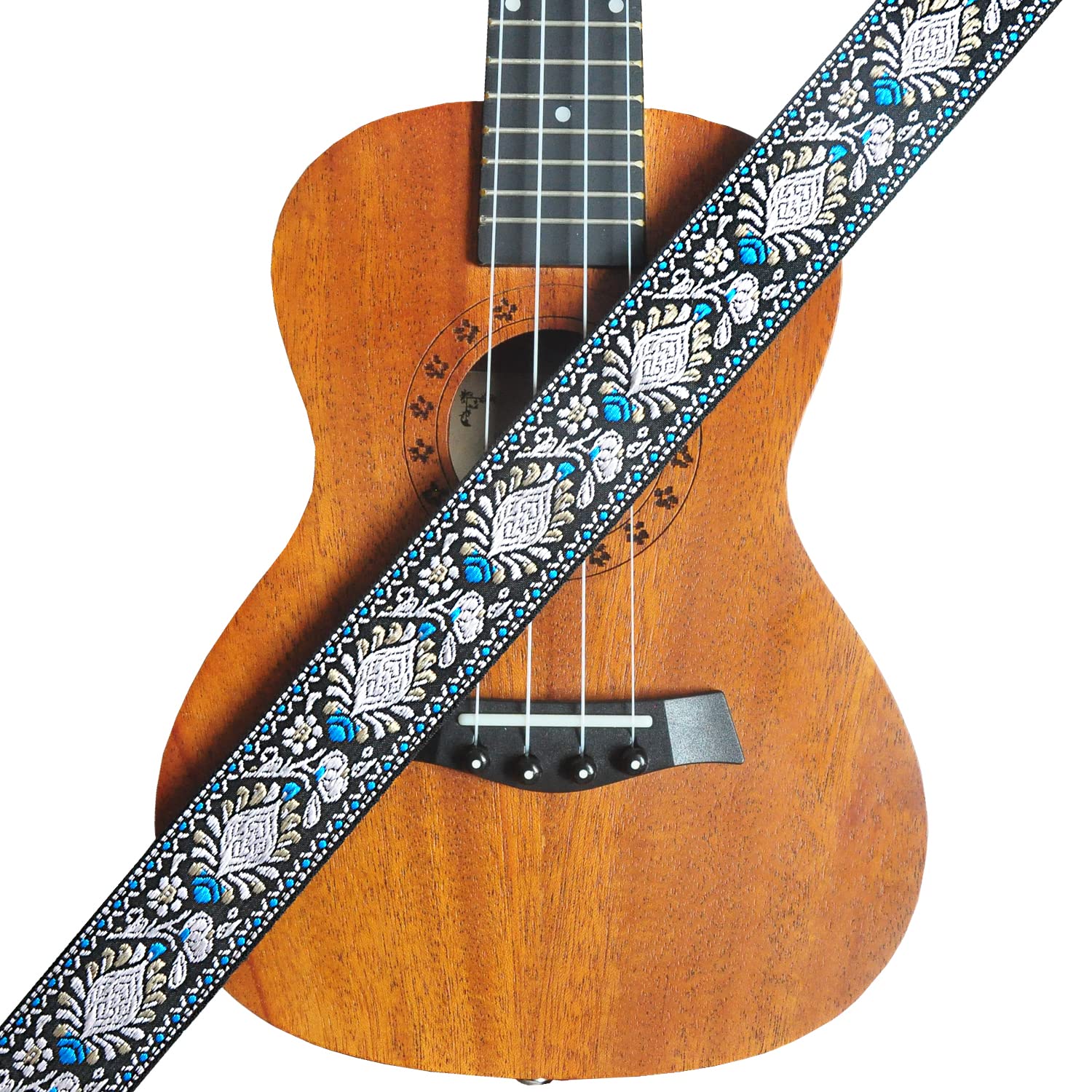 Farcaya Ukulele Strap Jacquard Flower for Soprano Concert Tenor Baritone UKE Neck Strap Lock Button (White Flower)