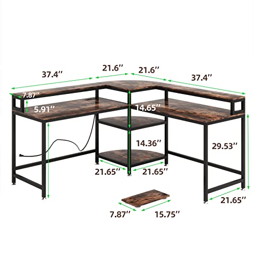 TIYASE L Shaped Desk with Power Outlet and USB Port, 59 in L-Shaped Computer Corner Desk with Storage Shelves, Home Office Desk Workstation with Monitor Stand, Tower Shelf, Rustic Brown