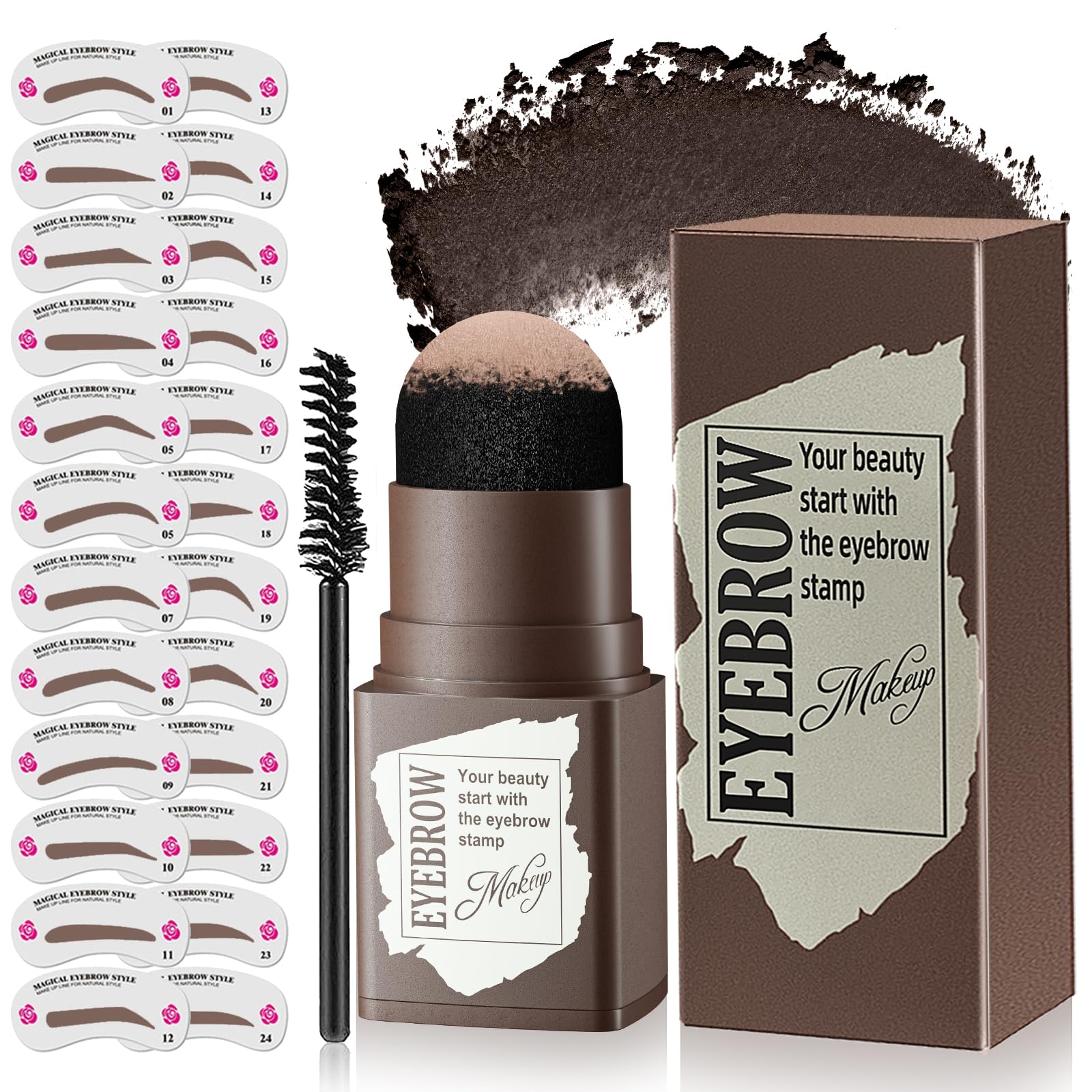 Eyebrow Stamp Stencil Kit - 1 Step Brow Stamp Kit Long-lasting Waterproof & Smudge-Proof, Eyebrow Powder with 24 Reusable Eyebrow Stencils Kit for Beginners to Nature Brow (Light Brown)
