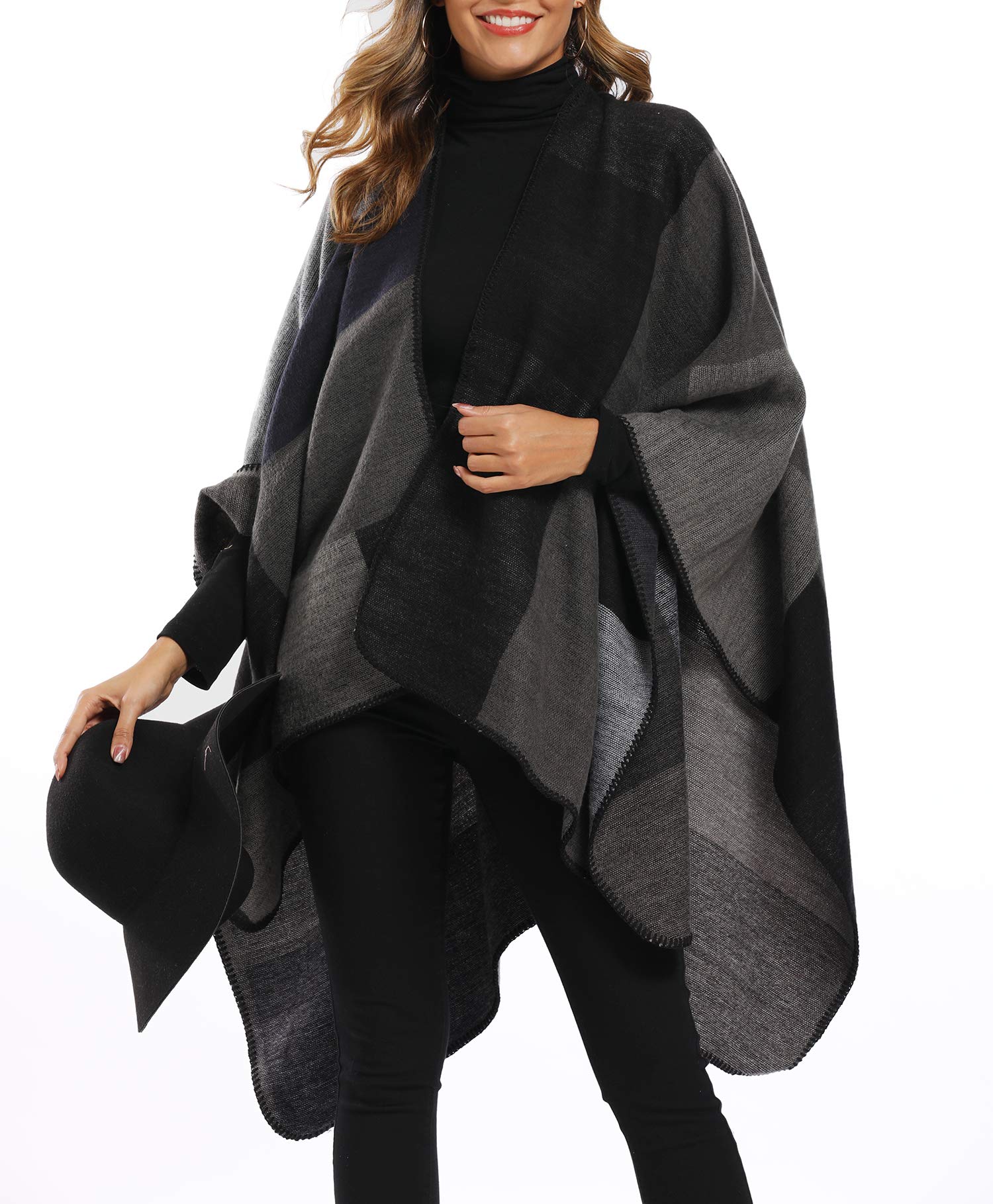 Epsion Women's Color Block Shawl Wrap Plus Size Cardigan Poncho Cape Open Front Long Winter Sweater Coat Black