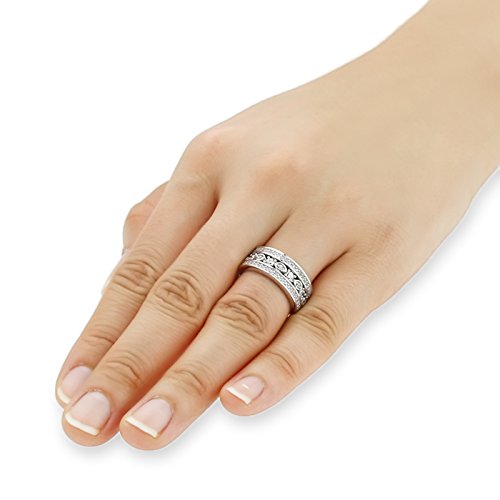 DoubleAccent Platinum Plated Sterling Silver Ring 1 CT Round CZ Stone Art Deco Design Wedding Band Eternity Ring (Size 5 to 9), 8