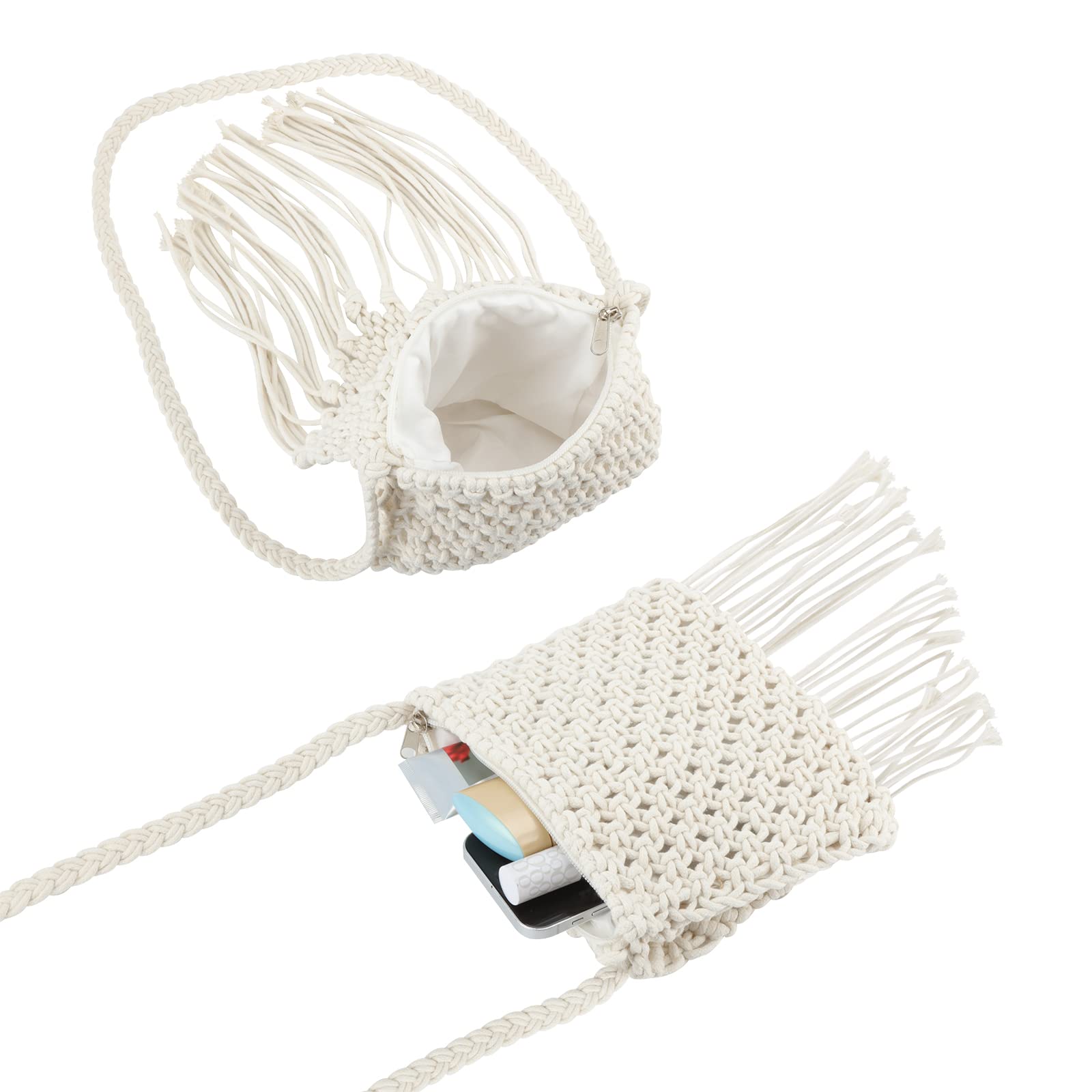 Evevictor Tassel Clutch Purse, Cotton Crochet Shoulder Bag, Bohemian Summer Beach Handbag Handmade Wallet (White)