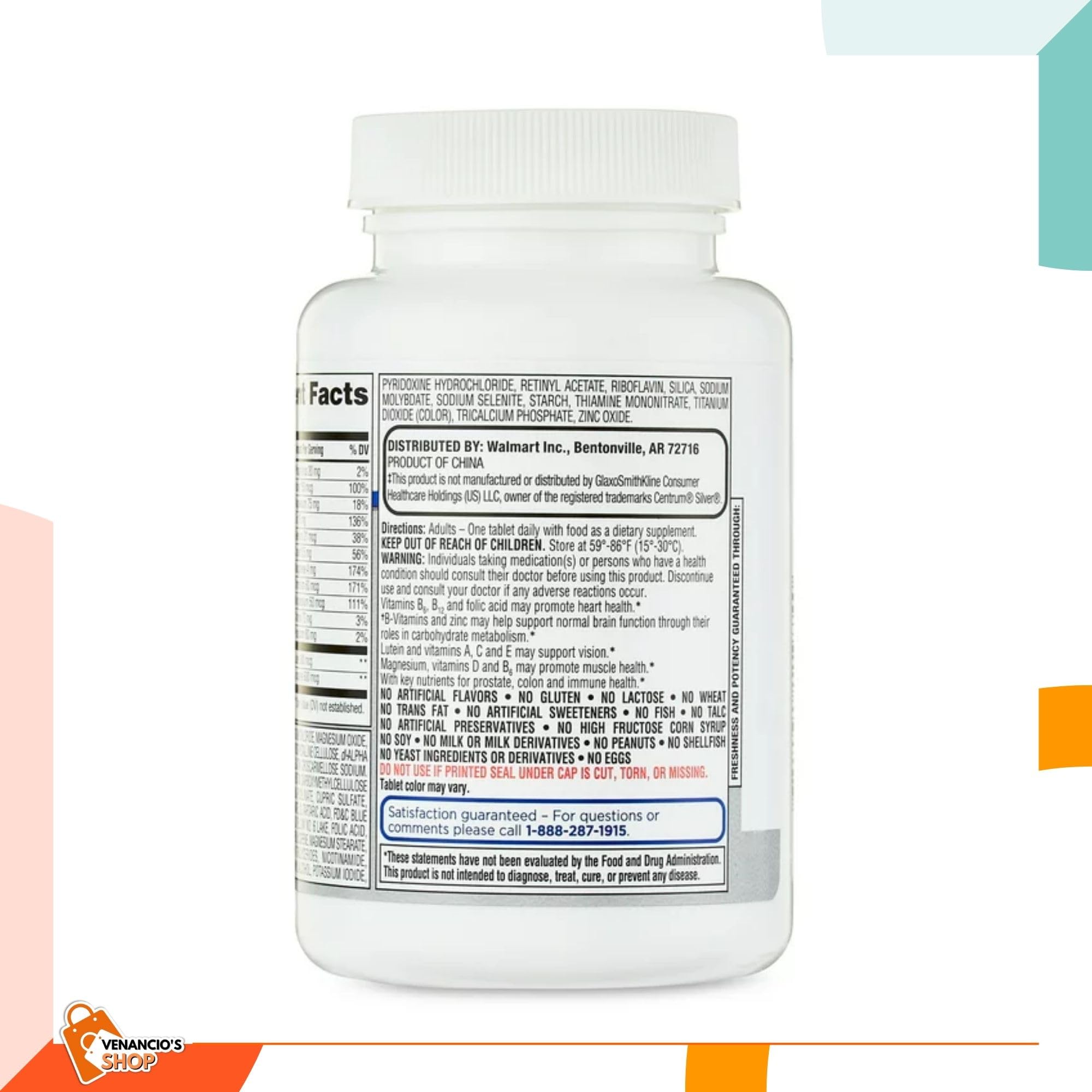 Equate Complete Multivitamin Multimineral Supplement Tablets (Compare to Centrum Silver Men 50+) + Includes Venanciosfridge Sticker (Mens 50+ | 100 Pills)