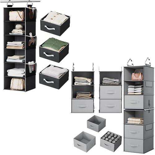 Pipishell Hanging Closet Organizer 6-Shelf, Hanging Shelves for Closet with 3 Removable Drawers & Side Pockets, Hanging Shelf Organizer for Bedroom or Garment Rack