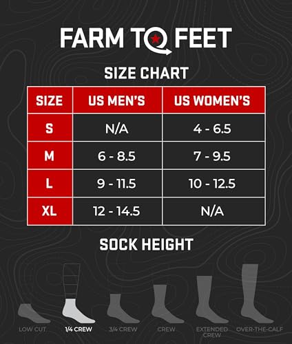Farm to Feet Men's Greensboro Lightweight 1/4 Crew Socks, Black/Black, Large (8562)