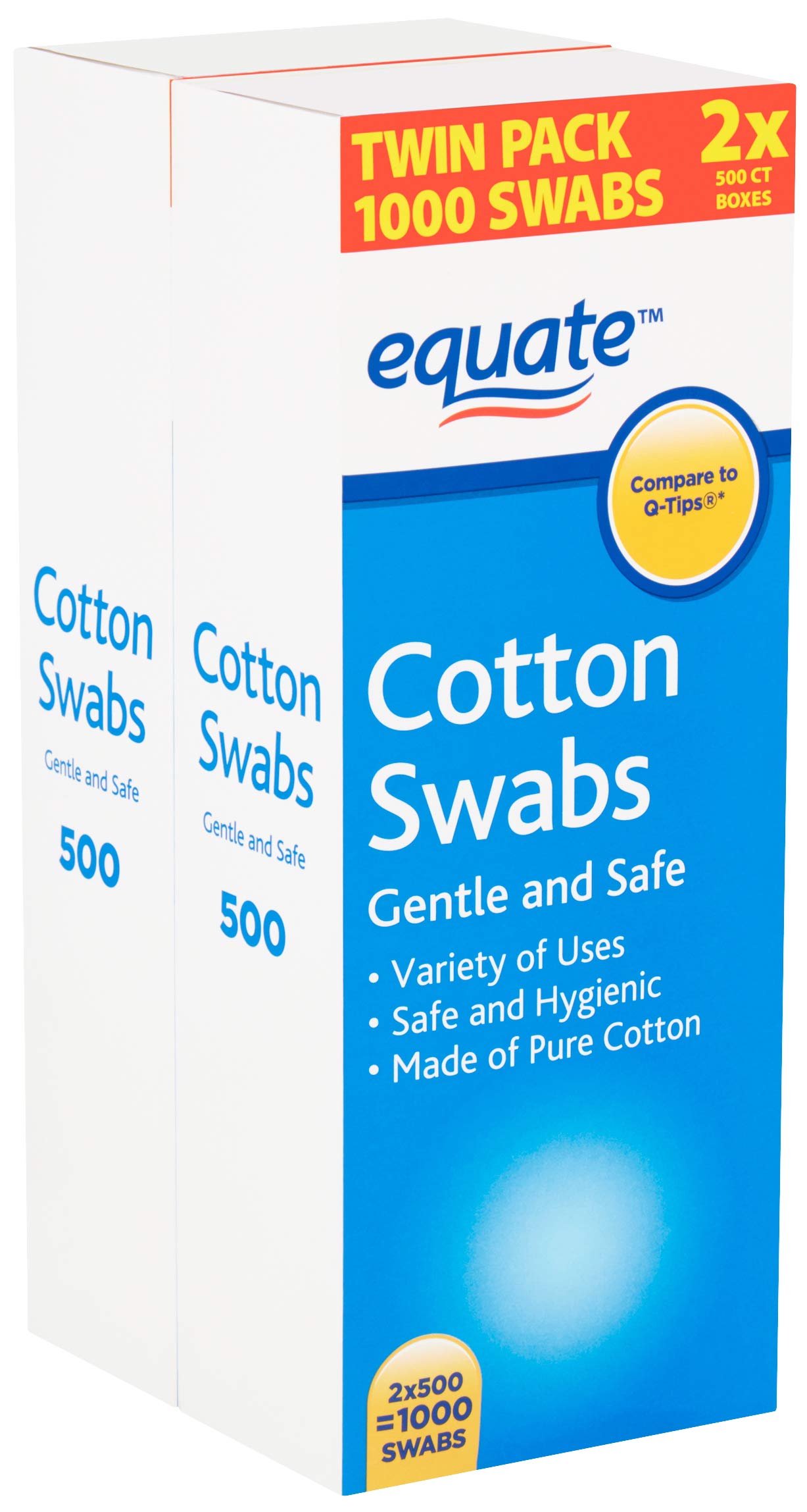 Equate Cotton Swabs Twin Pack, 1000 Count (2x 500 Count) - 1 Pack (for Ears, Beauty, Makeup, Babies, Dogs, Pets, Auto Detailing, Cleaning, and More)